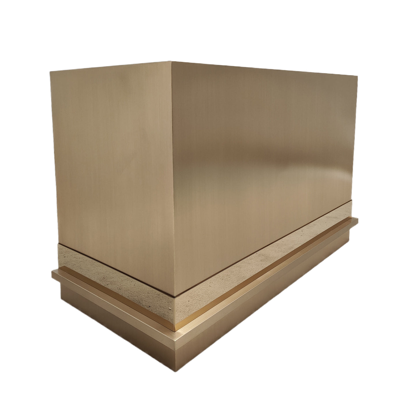 RHM Box Shaped Custom Brass Range Hood with Brass Step and Polished St ...