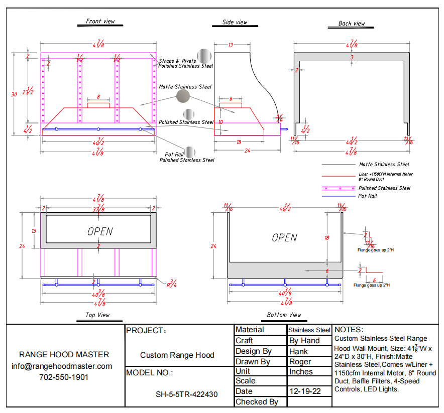 Barrel Stainless Steel Custom Range Hoods with Brass Trim for Yanhong ...