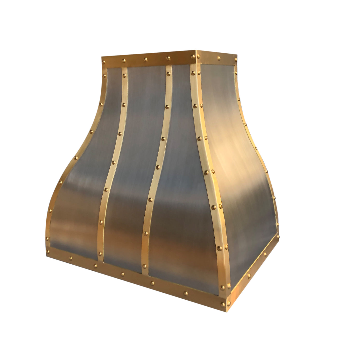 RHM Custom Stainless Steel S-Curve Range Hood with Brass Straps Rivets ...